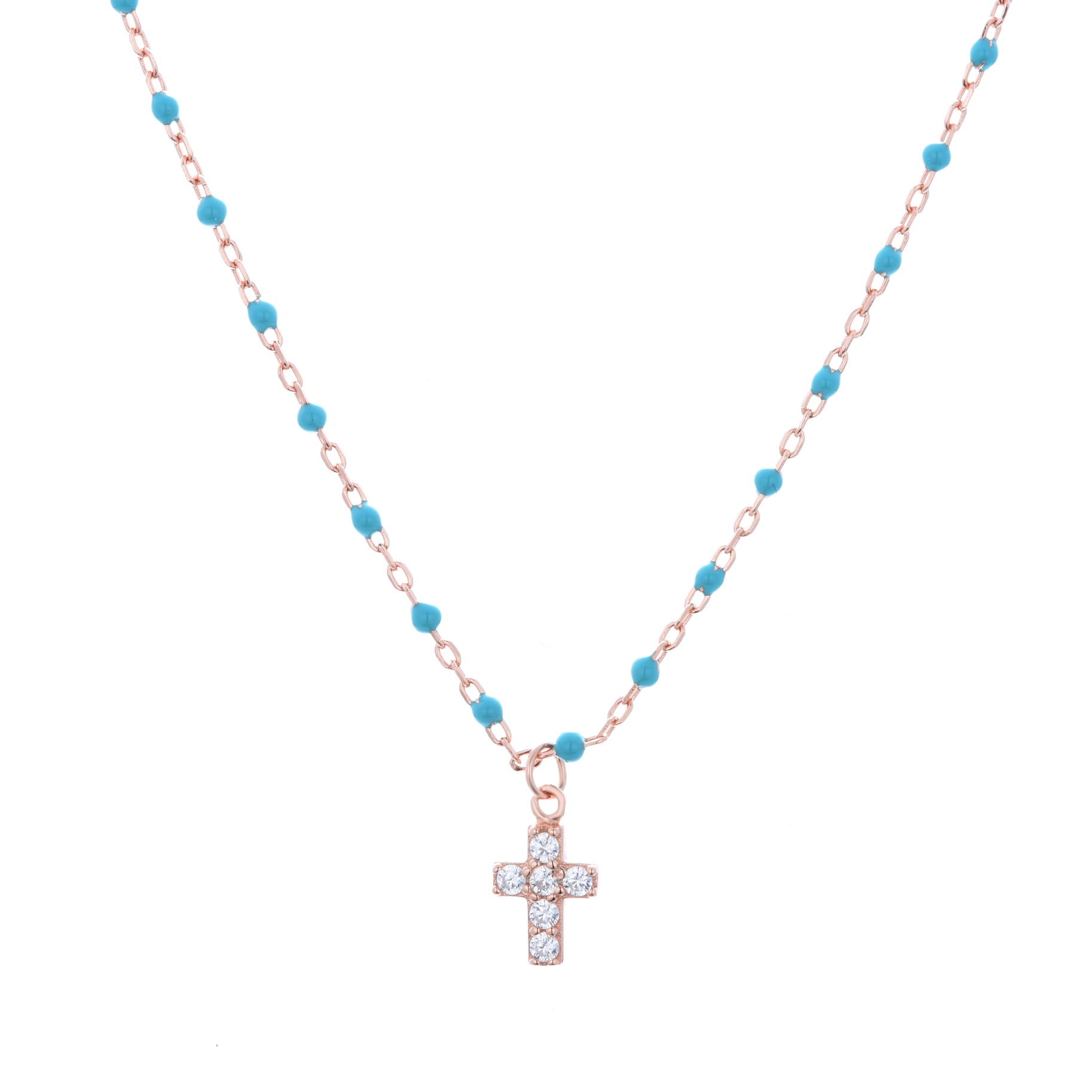 AMARI MINI CROSS BLUE BEADED ROSE GOLD NECKLACE – Religious Jewellery Store